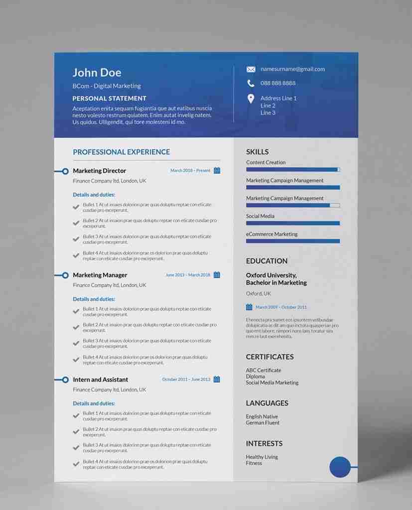 CV Designs Gallant Blue Modern Editable 1 Page Resume Template CV Designs Gallant Blue Modern Editable 1 Page Resume Template