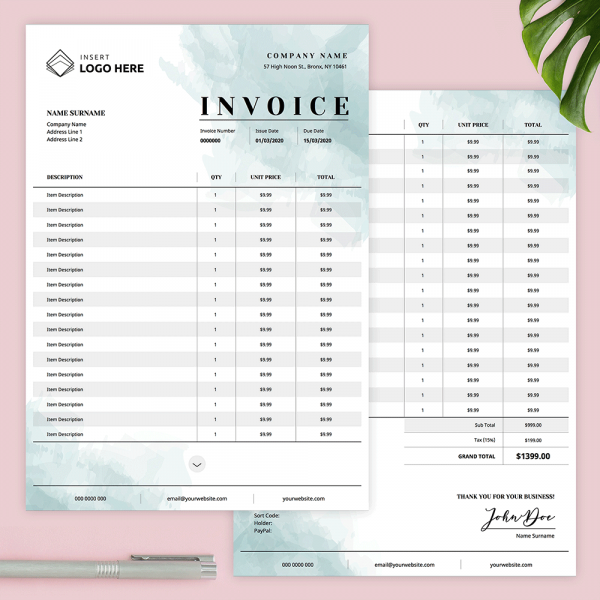 Invoicing Template - Incl. 1 & 2 Page - Adobe PDF Business Invoices