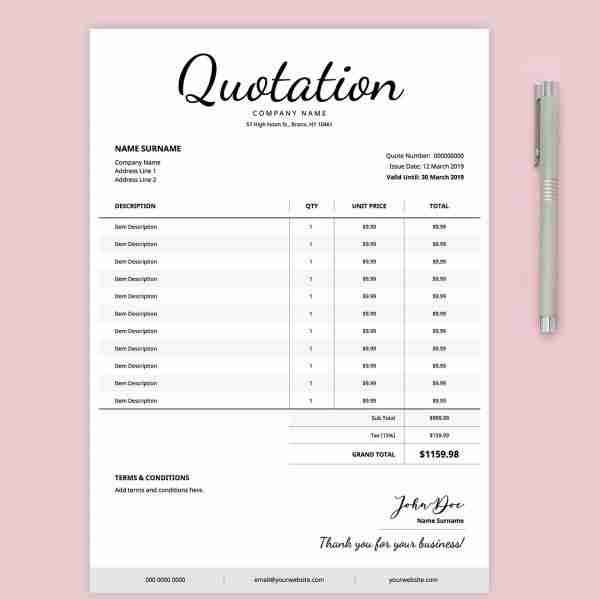 Business Quotation Template - Cost Estimate Form - Editable PDF