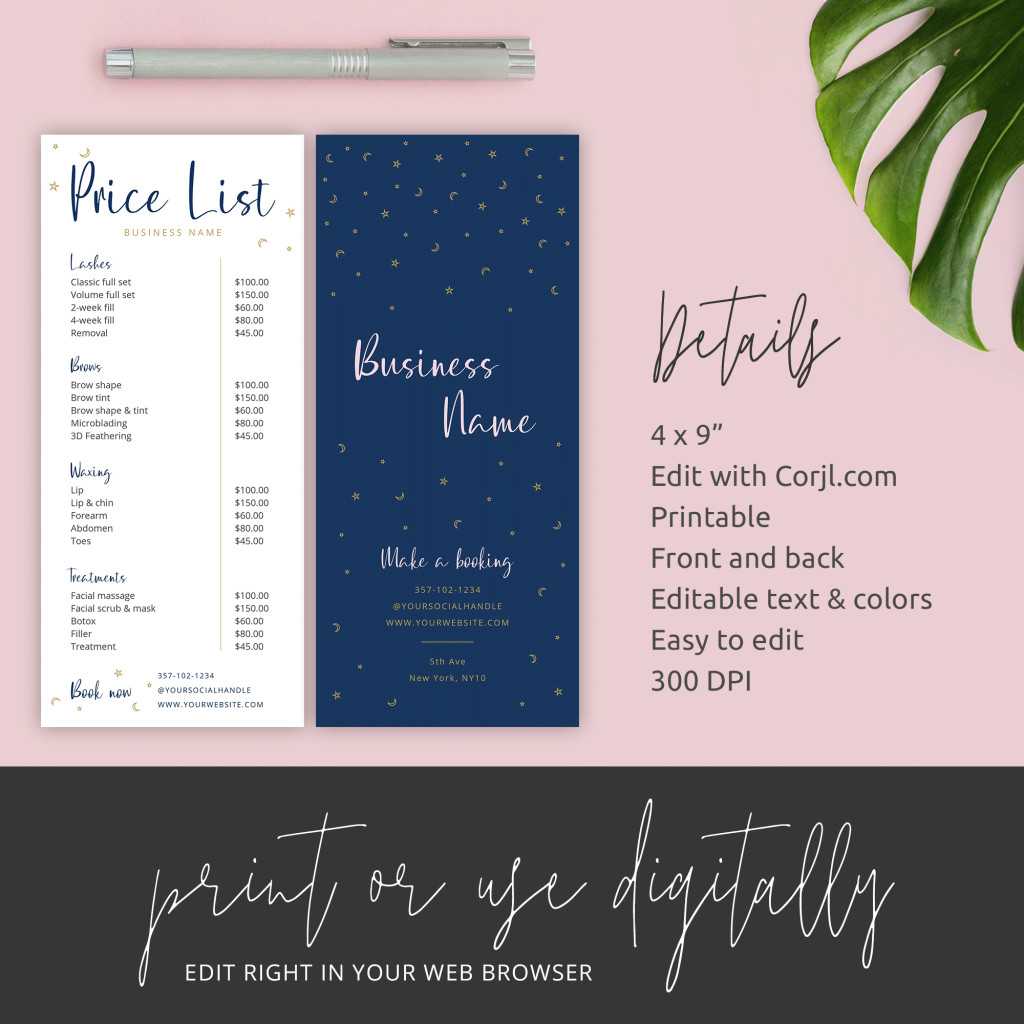 Business Price Sheet Template - Printable Celestial Pricelist Menu - Corjl