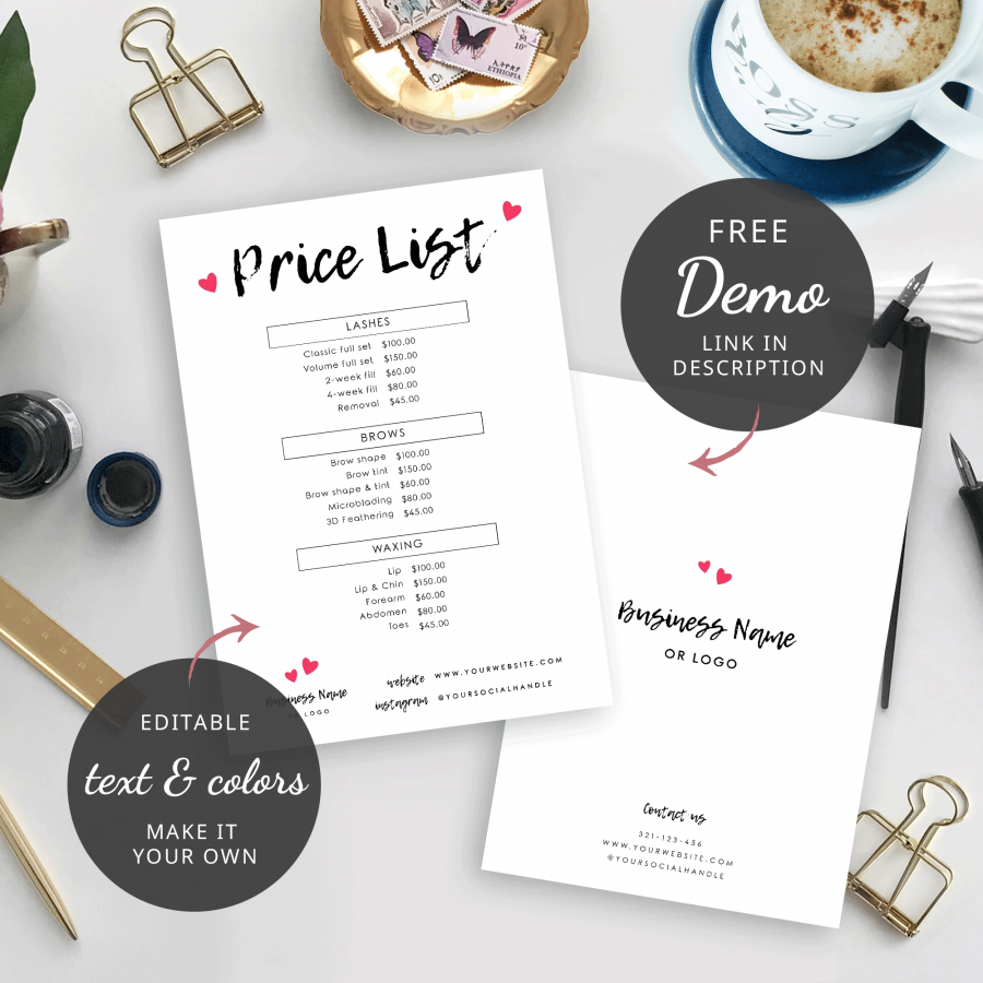 Pricelist Template: Printable Price List Maker. Editable Corjl Design.