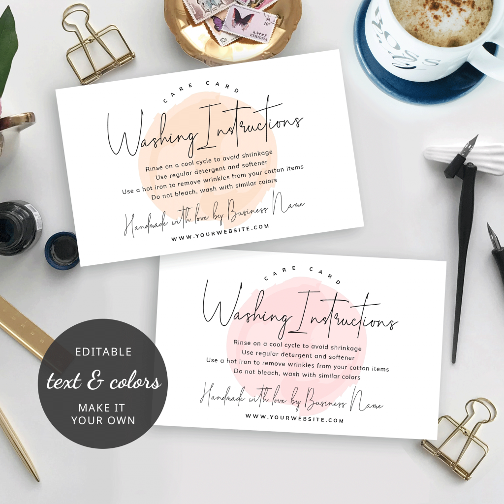 Washing Care Instructions Note: Customizable Care Card Template