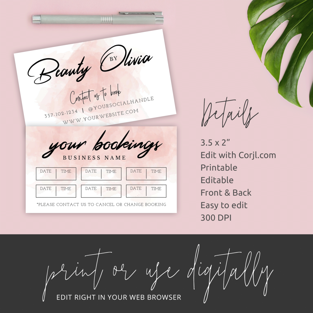 Watercolor Booking Reminder Card Template - DIY Printable PDF