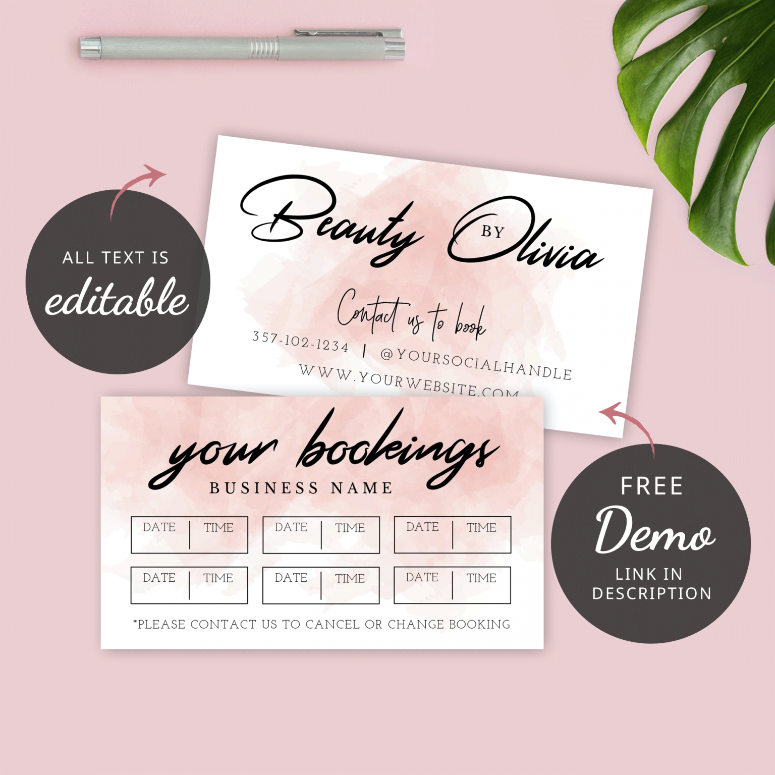 Watercolor Booking Reminder Card Template - DIY Printable PDF