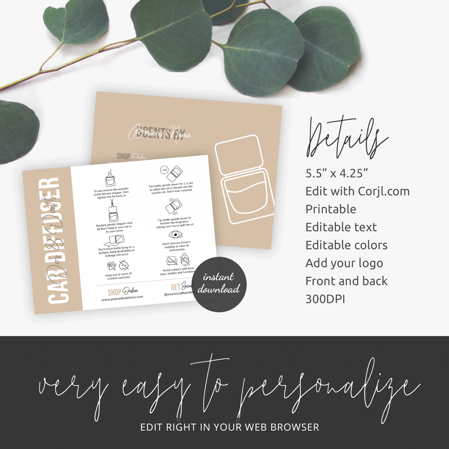 Car Air Freshener Instructions Template: Car Diffuser Care Card
