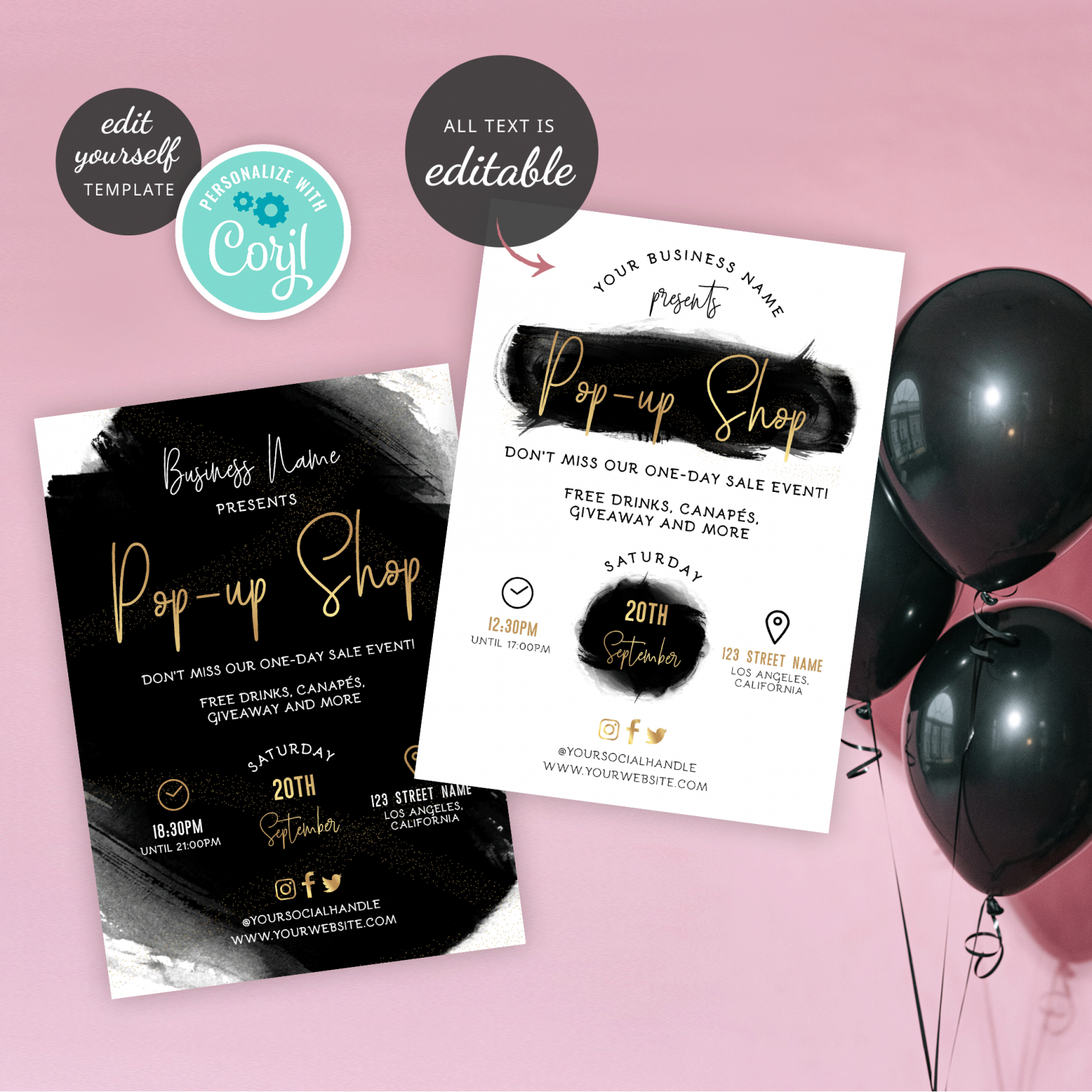 Pop Up Shop Flyer Template: Black & Gold Pop Up Store Invitation