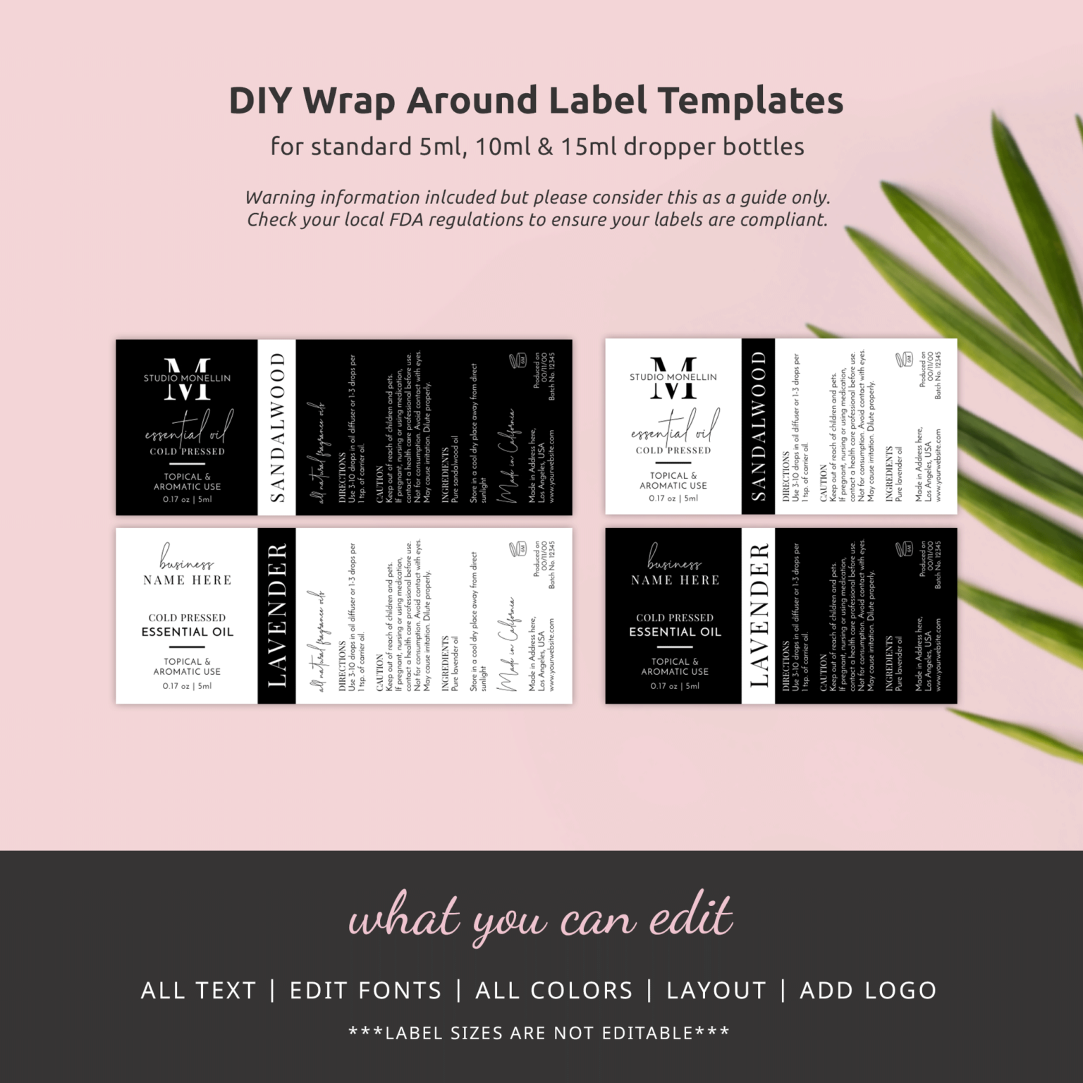 Essential Oil Label Template: 5ml, 10ml & 15ml DIY Bottle Labels