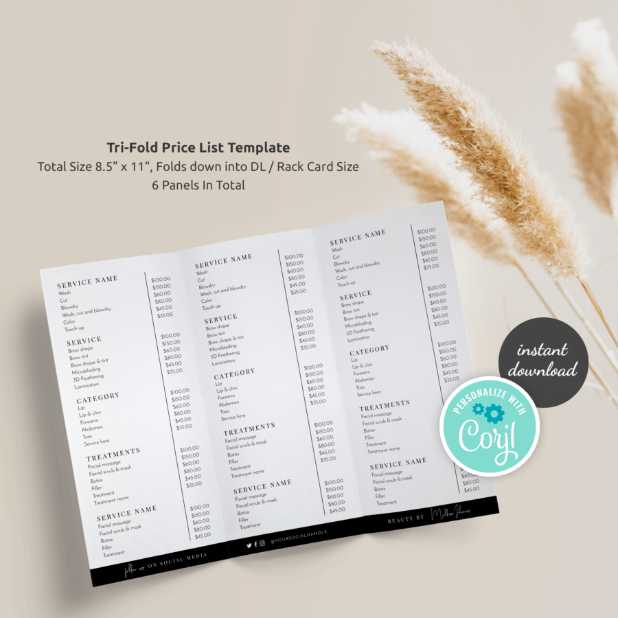 Tri Fold Price List Template: Editable Business Pricelist Menu