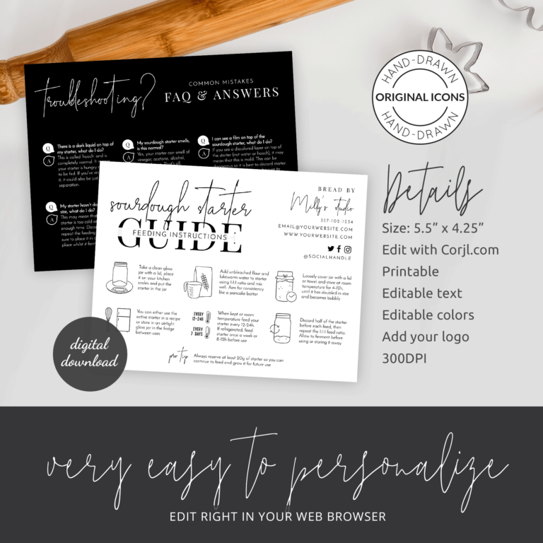 Sourdough Starter Instructions Card - DIY Levain Guide Template